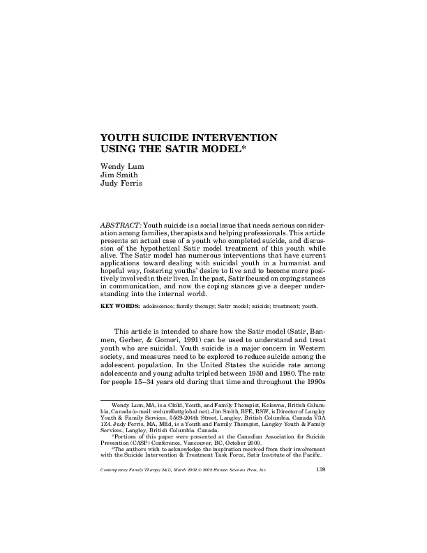 (PDF) Youth Suicide Intervention Using the Satir Model
