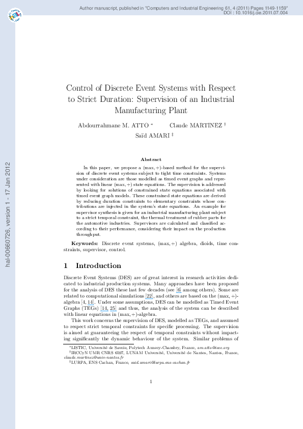 Pdf Control Of Discrete Event Systems With Respect To Strict Duration Supervision Of An