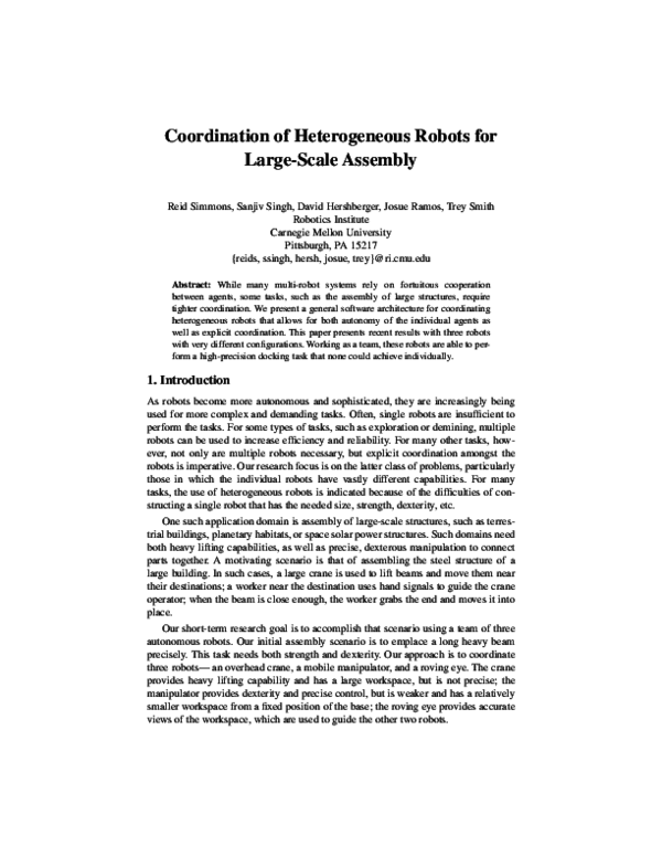 (PDF) Coordination of Heterogeneous Robots for Large-Scale Assembly
