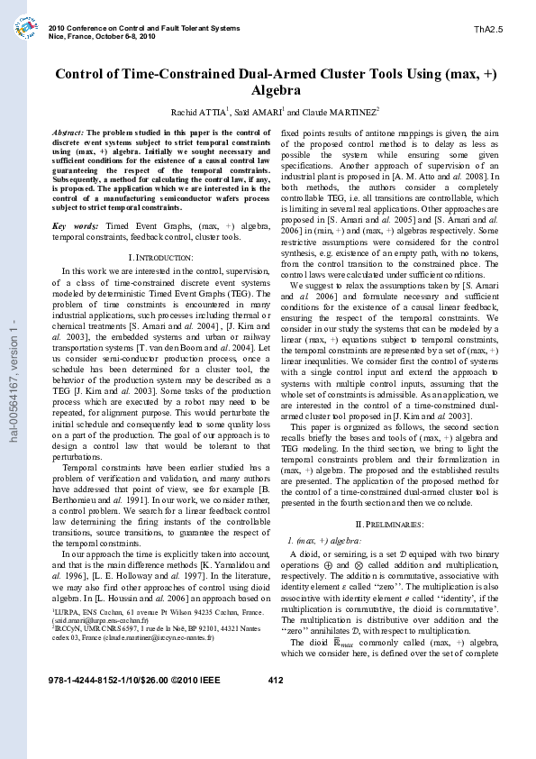Pdf Control Of Time Constrained Dual Armed Cluster Tools Using Max