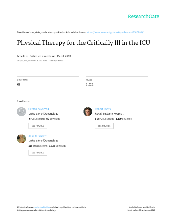 (PDF) Physical Therapy for the Critically Ill in the ICU | Geetha ...