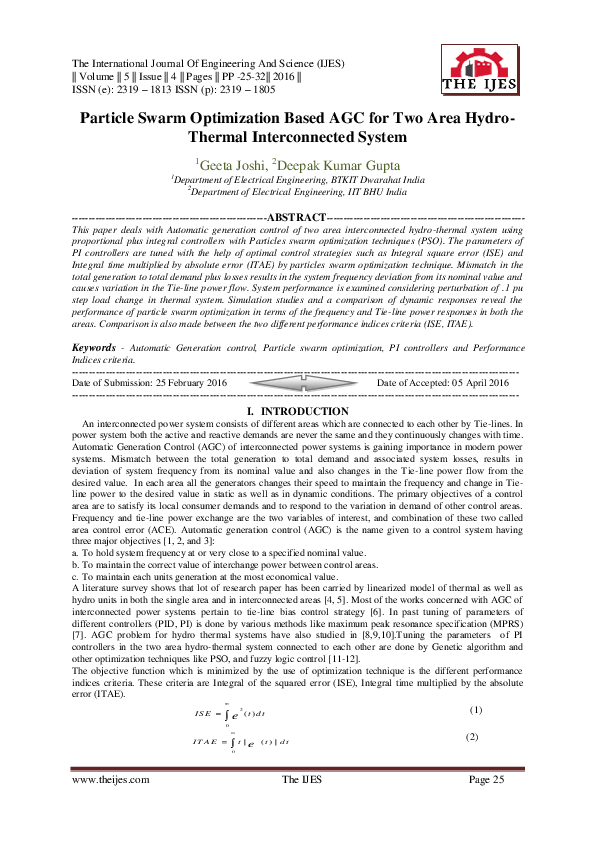 (PDF) Particle Swarm Optimization Based AGC for Two Area Hydro- Thermal ...