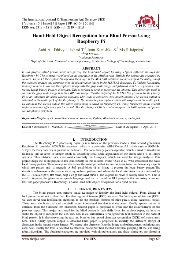 (PDF) Raspberry Pi Object Recognition for the Blind
