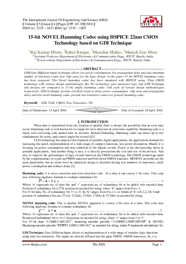 Pdf 5 Bit Novel Hamming Codec Using Hspice 22nm Cmos Technology Based