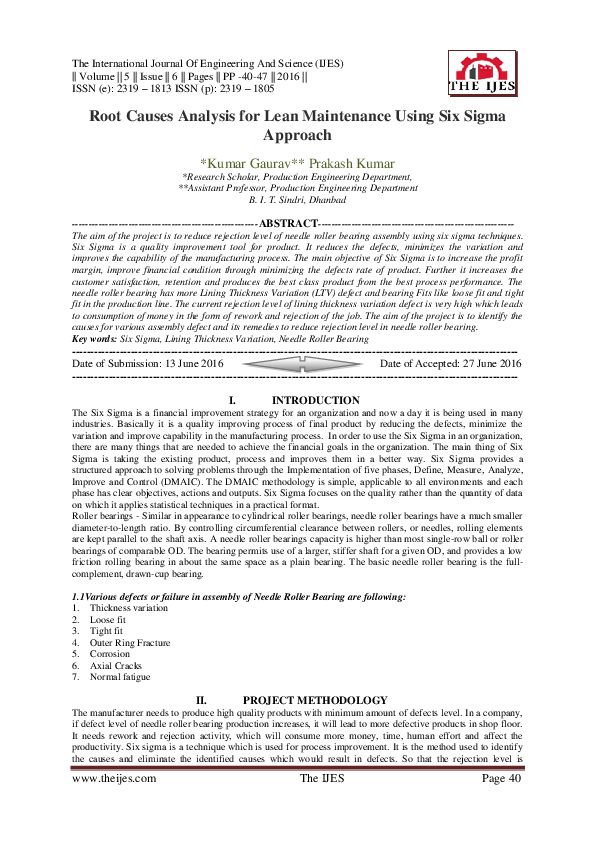 (PDF) Root Causes Analysis for Lean Maintenance Using Six Sigma Approach