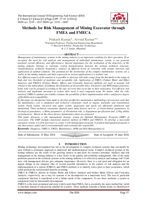 (PDF) Methods for Risk Management of Mining Excavator through FMEA and ...