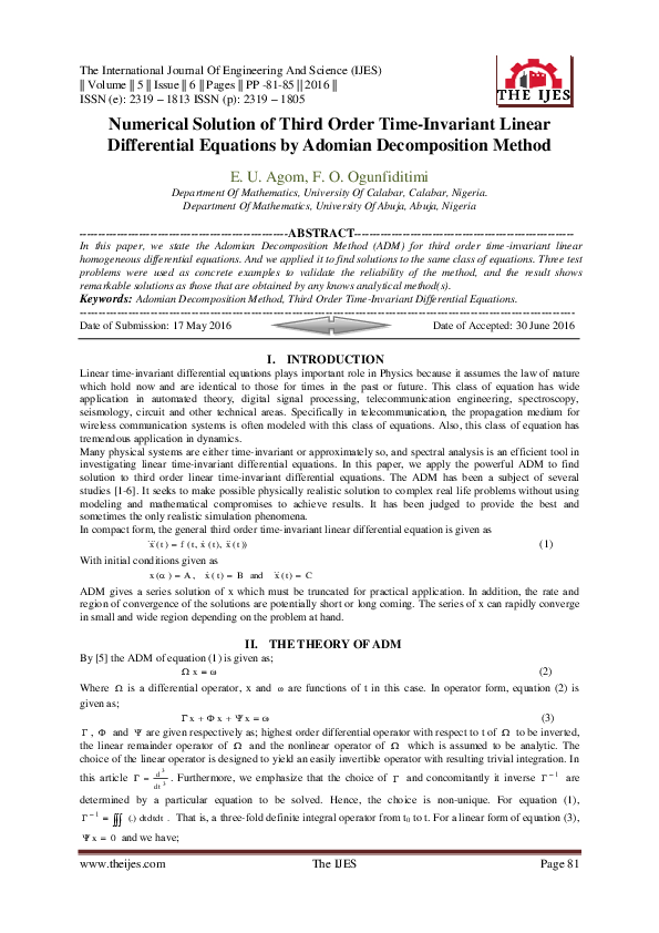 Pdf Adomian Method For Third Order Differential Equations