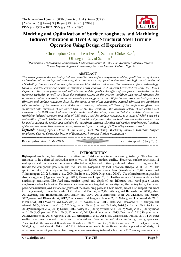 Pdf Modeling And Optimization Of Surface Roughness And Machining Induced Vibration In 41cr4