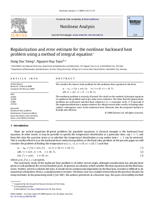 Pdf Regularization And Error Estimate For The Nonlinear Backward Heat Problem Using A Method