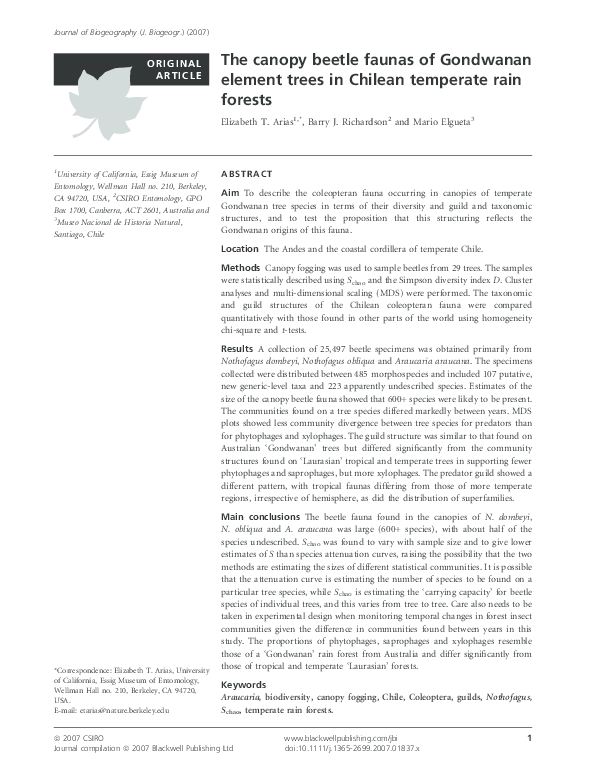 (PDF) The canopy beetle faunas of Gondwanan element trees in Chilean ...