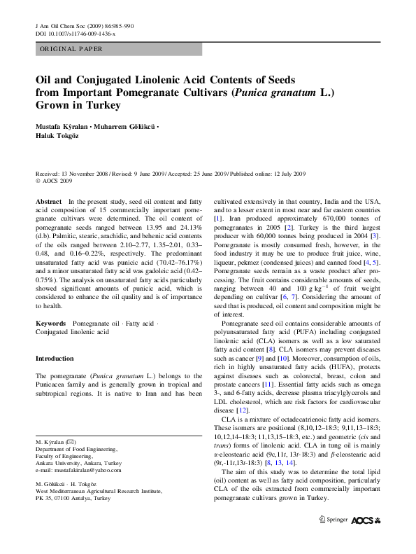 (PDF) Oil and Conjugated Linolenic Acid Contents of Seeds from Important Pomegranate Cultivars ...