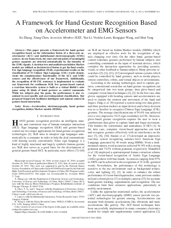 (PDF) A Framework for Hand Gesture Recognition Based on Accelerometer and EMG Sensors
