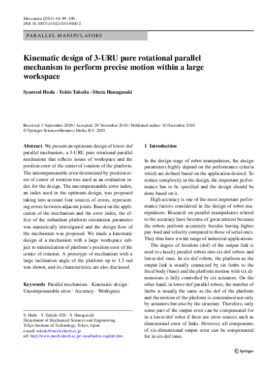 (PDF) Kinematic Design of 3-URU Pure Rotational Parallel Mechanism with ...