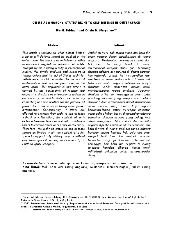 Celestial Anarchy: States' Right to Self-Defense in Outer Space