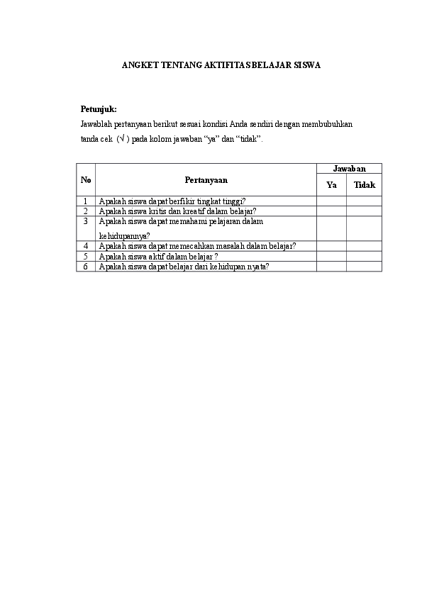 (DOC) ANGKET TENTANG AKTIFITAS BELAJAR SISWA