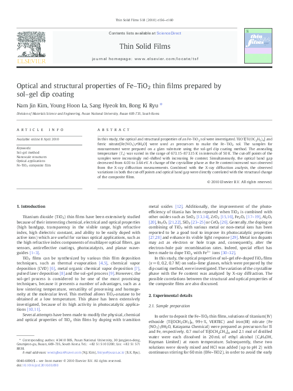 (PDF) Optical and structural properties of Fe-TiO2 thin films prepared by sol-gel dip coating
