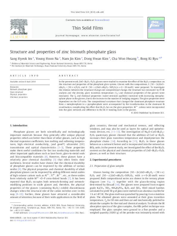 (PDF) Structure and properties of zinc bismuth phosphate glass