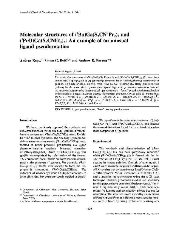 (PDF) Molecular structures of ( t Bu)Ga(S 2 CN n Pr 2 ) 2 and ( i PrO ...