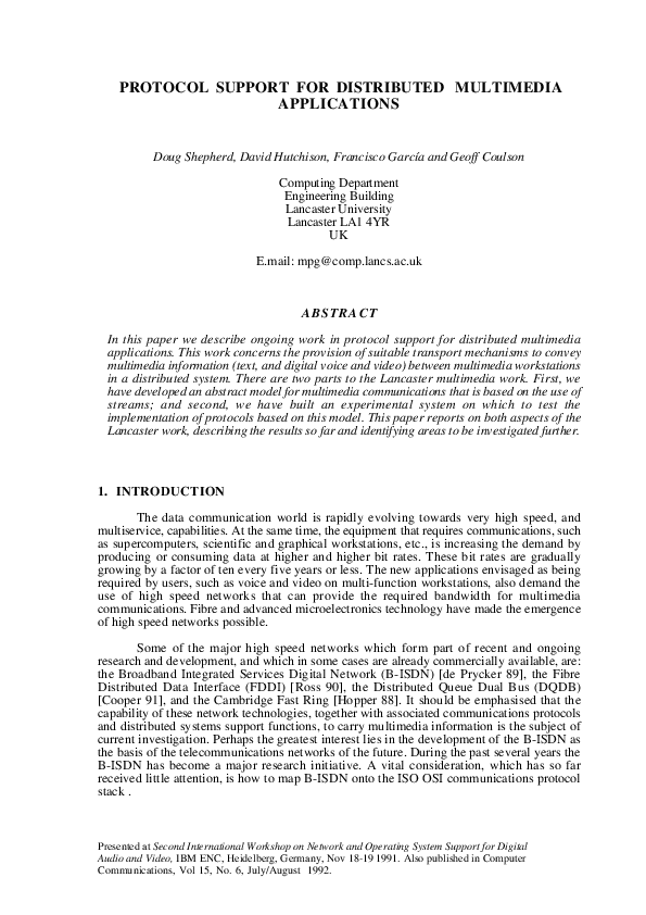(PDF) Protocol Support for Distributed Multimedia Applications