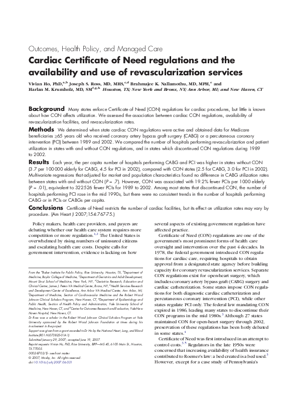 (PDF) Cardiac Certificate of Need regulations and the availability and ...