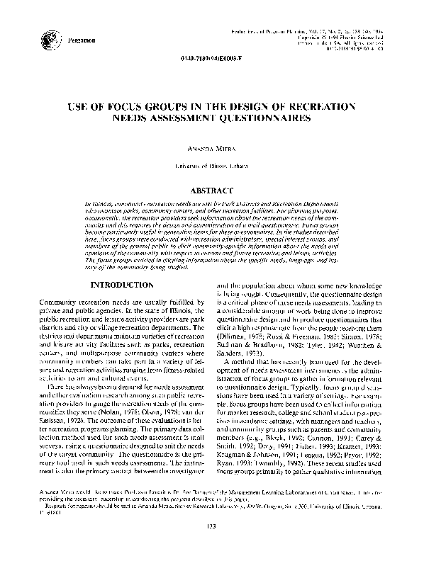 (PDF) Use of focus groups in the design of recreation needs assessment ...
