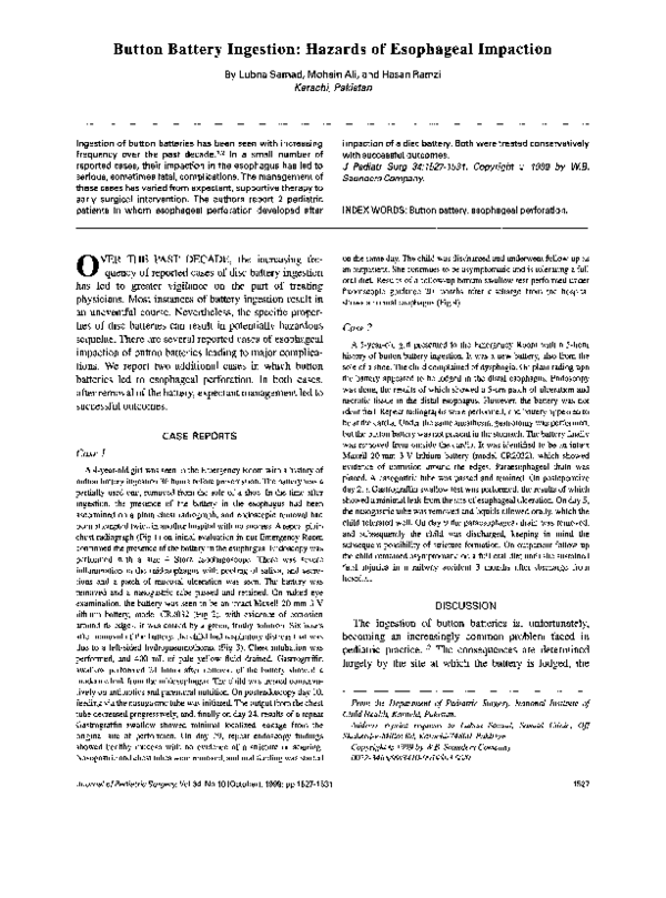 (PDF) Button battery ingestion: Hazards of esophageal impaction