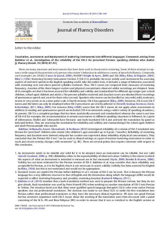 (PDF) Translation, assessment and deployment of stuttering instruments ...