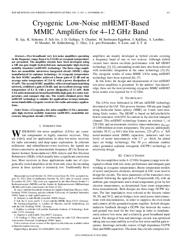 (PDF) Cryogenic Low-Noise mHEMT-Based MMIC Amplifiers for 4–12 GHz Band