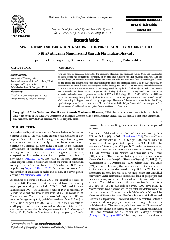 Pdf Spatio Temporal Variation In Sex Ratio Of Pune District In Maharashtra Dr Nitin N