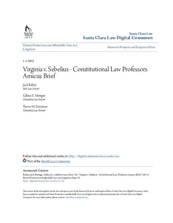 (PDF) Virginia v. Sebelius - Constitutional Law Professors Amicus Brief