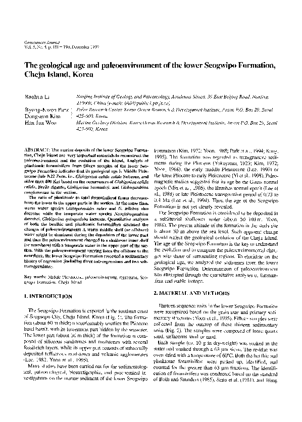 (PDF) The geological age and paleoenvironment of the lower Seogwipo ...