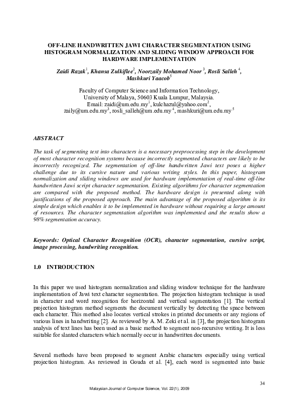 Pdf Off Line Handwritten Jawi Character Segmentation Using Histogram Normalization And Sliding