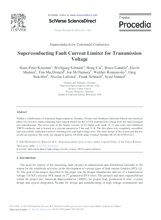 Pdf Superconducting Fault Current Limiter For Transmission Voltage