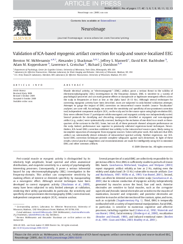 Pdf Validation Of Ica Based Myogenic Artifact Correction For Scalp