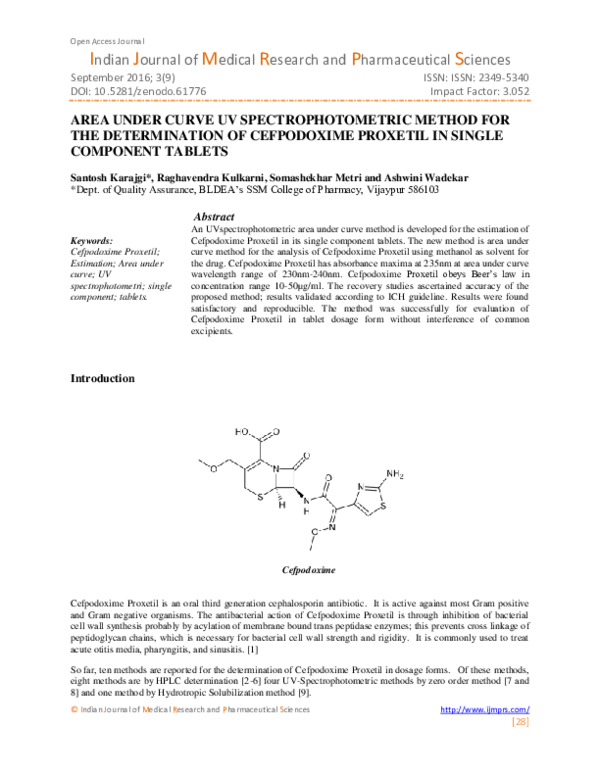 (PDF) AREA UNDER CURVE UV SPECTROPHOTOMETRIC METHOD FOR THE DETERMINATION OF CEFPODOXIME ...