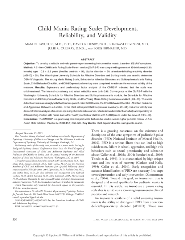 (PDF) Child Mania Rating Scale: Development, Reliability, and Validity