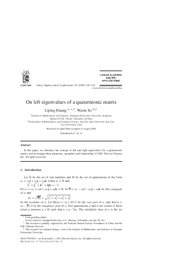 (PDF) On left eigenvalues of a quaternionic matrix