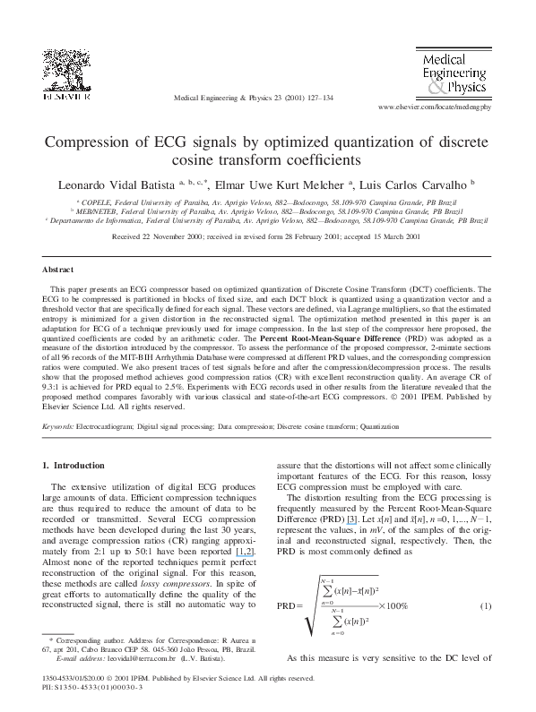 Pdf Compression Of Ecg Signals By Optimized Quantization Of Discrete Cosine Transform Coefficients