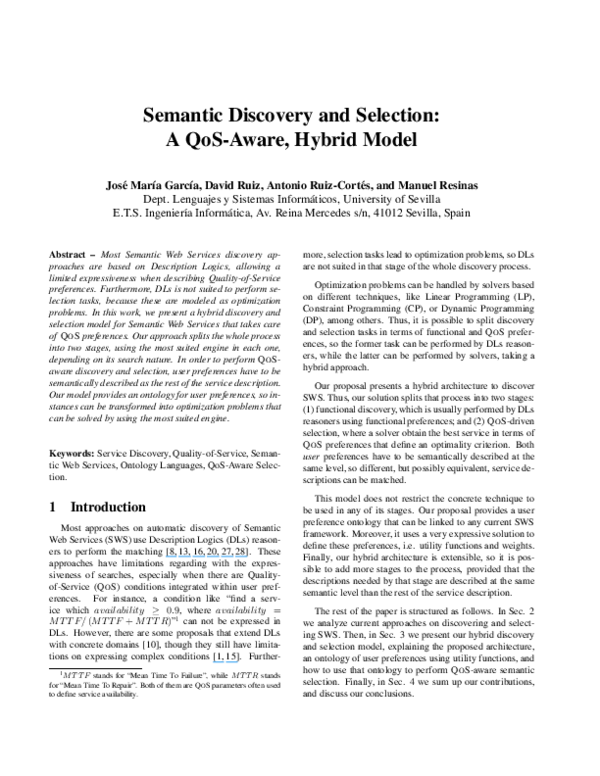 Pdf Semantic Discovery And Selection A Qos Aware Hybrid Model
