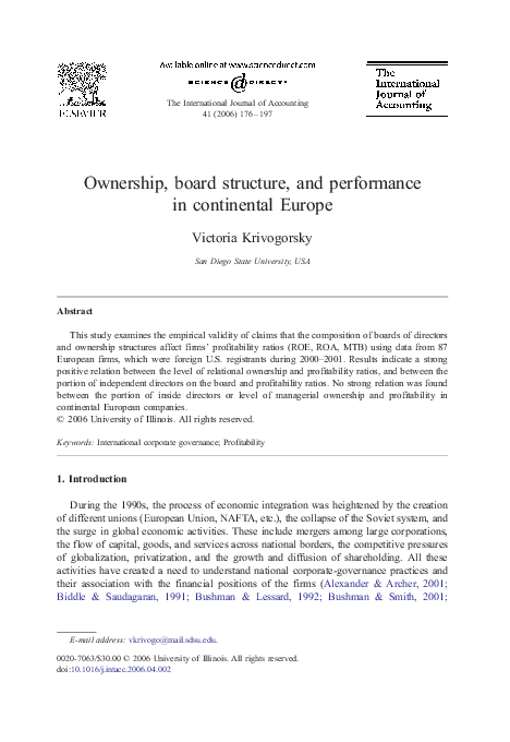 (PDF) Ownership, board structure, and performance in continental Europe