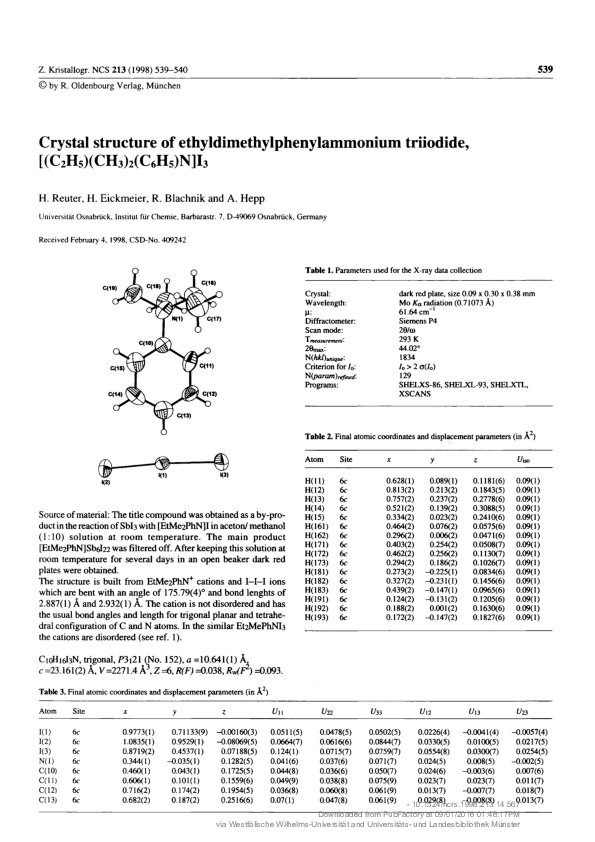 (PDF) Crystal structure of ethyldimethylphenylammonium triiodide ...