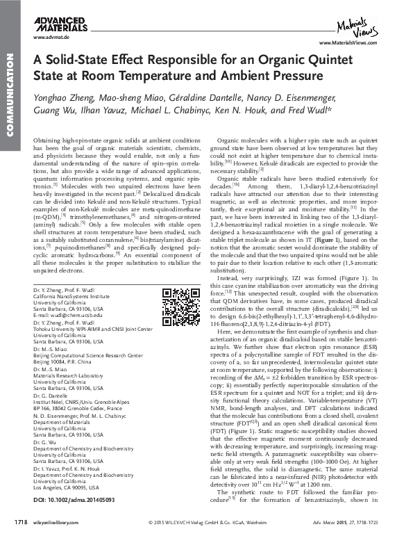 (PDF) A Solid-State Effect Responsible for an Organic Quintet State at ...