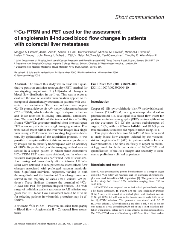 (PDF) 62Cu-PTSM and PET used for the assessment of angiotensin II-induced blood flow changes in ...
