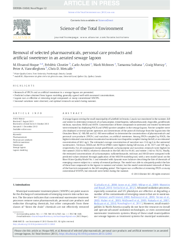 (PDF) Removal of selected pharmaceuticals, personal care products and ...