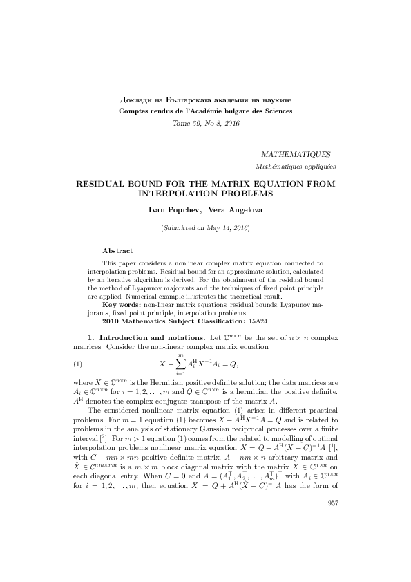 (PDF) RESIDUAL BOUND FOR THE MATRIX EQUATION FROM INTERPOLATION PROBLEMS