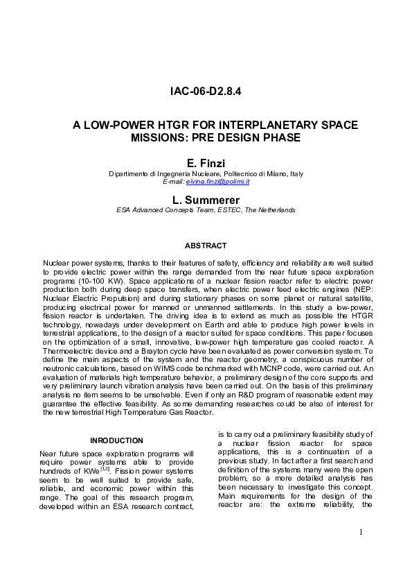 (PDF) Low power HTGR for interplanetary space missions: pre-design ...