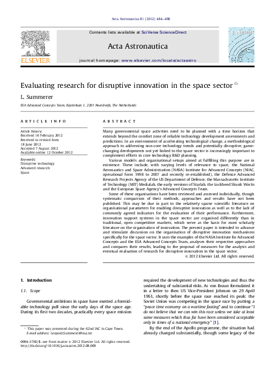 (PDF) Evaluating research for disruptive innovation in the space sector