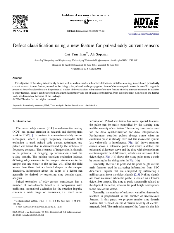 Pdf Defect Classification Using A New Feature For Pulsed Eddy Current