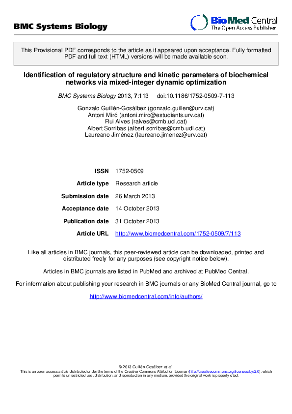 (PDF) Identification of regulatory structure and kinetic parameters of biochemical networks via ...