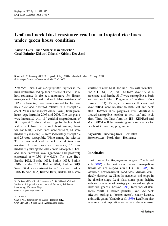 (PDF) Leaf and neck blast resistance reaction in tropical rice lines ...